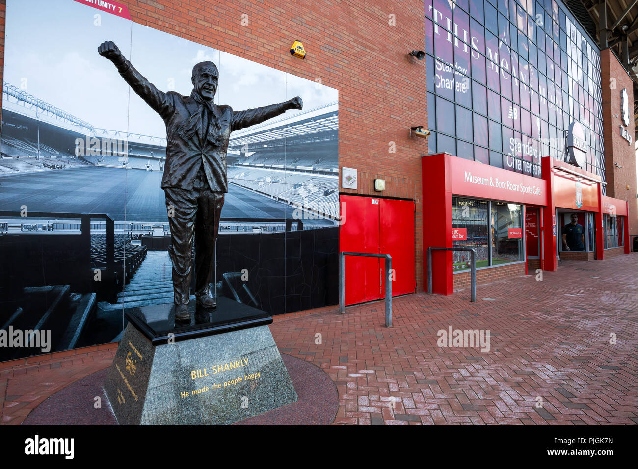 LIVERPOOL, UK - MAY 17 2018: Statue of Bill Shankly in front of Anfield ...