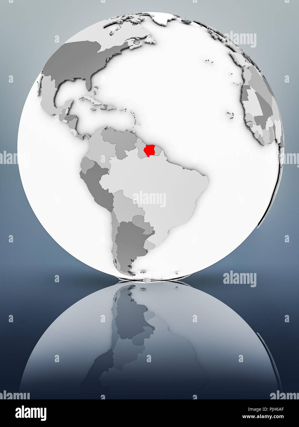Suriname on simple gray globe on shiny surface. 3D illustration Stock ...