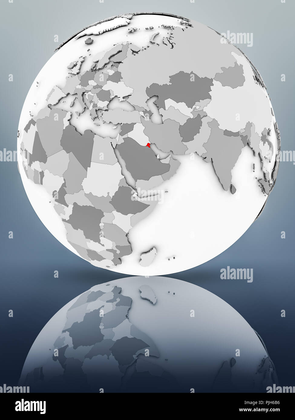 Kuwait on simple gray globe on shiny surface. 3D illustration Stock ...