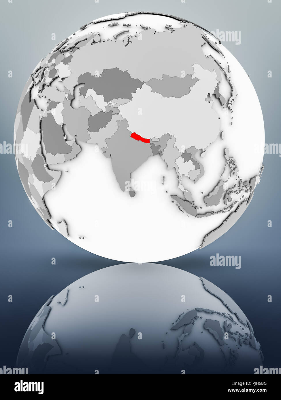 Nepal on simple gray globe on shiny surface. 3D illustration Stock ...
