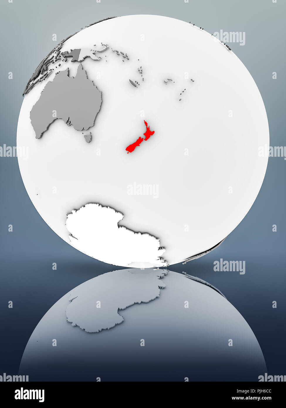 New Zealand on simple gray globe on shiny surface. 3D illustration ...