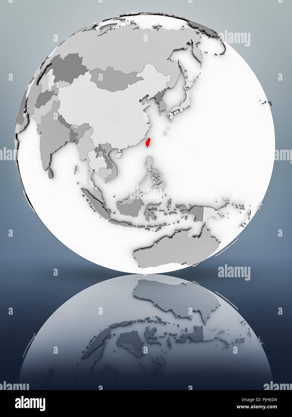 Taiwan on simple gray globe on shiny surface. 3D illustration Stock ...