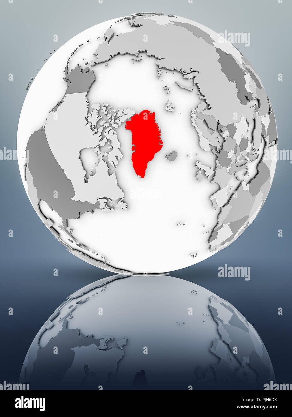 Greenland on simple gray globe on shiny surface. 3D illustration Stock ...