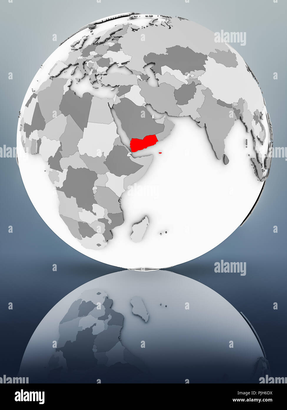 Yemen on simple gray globe on shiny surface. 3D illustration Stock ...