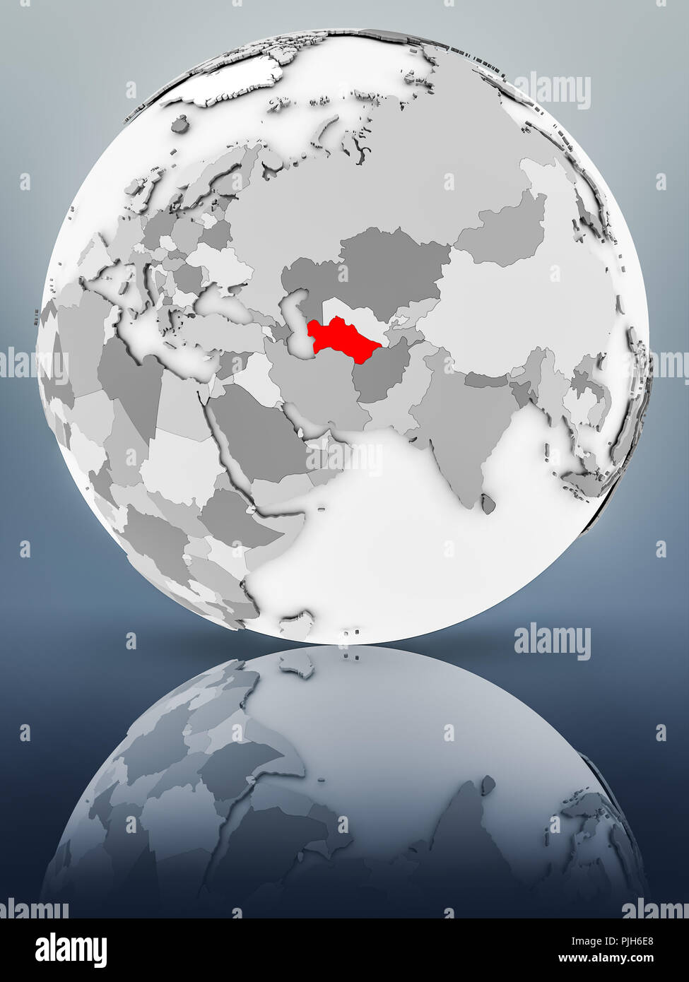 Turkmenistan on simple gray globe on shiny surface. 3D illustration ...