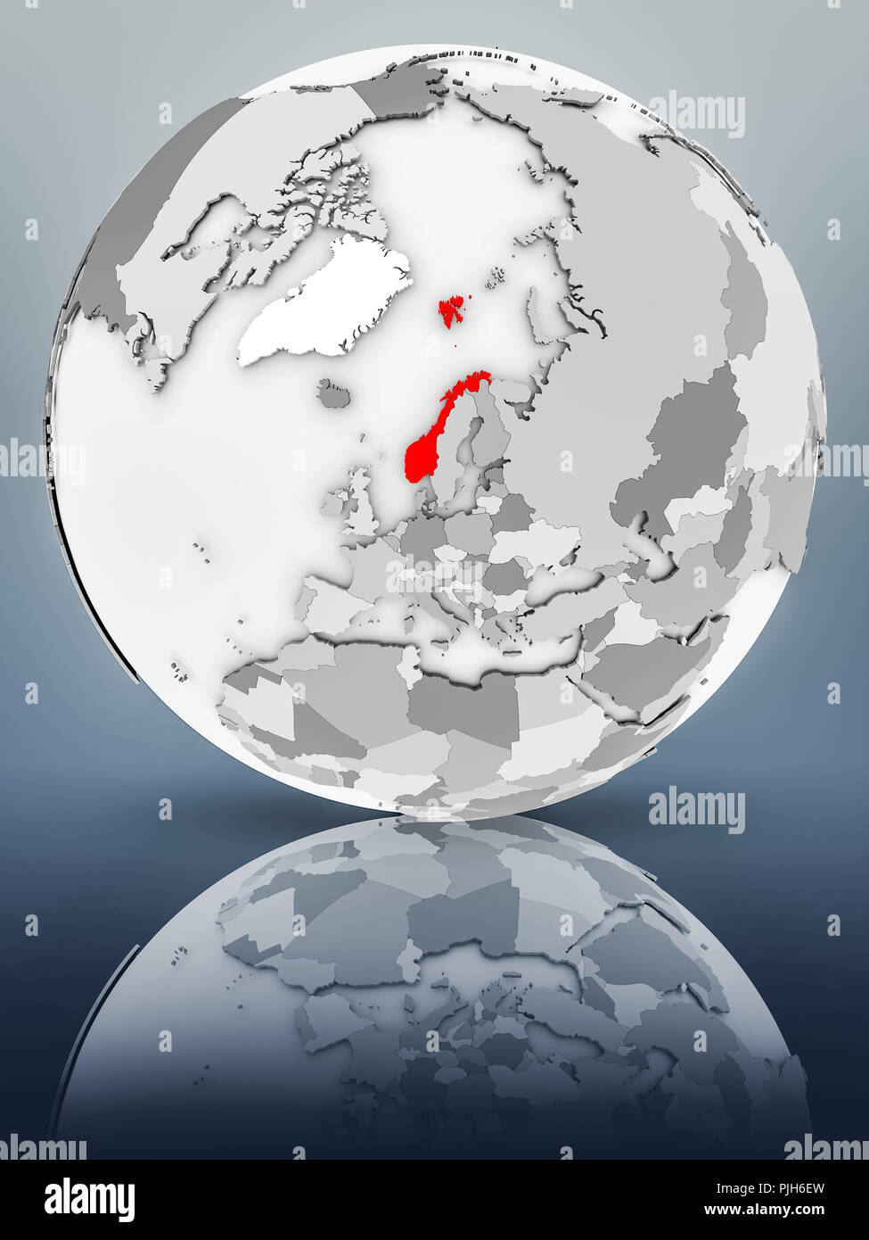 Norway on simple gray globe on shiny surface. 3D illustration Stock ...