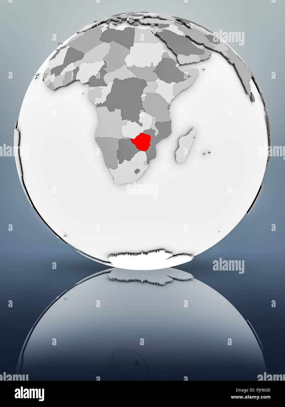 Zimbabwe on simple gray globe on shiny surface. 3D illustration Stock ...