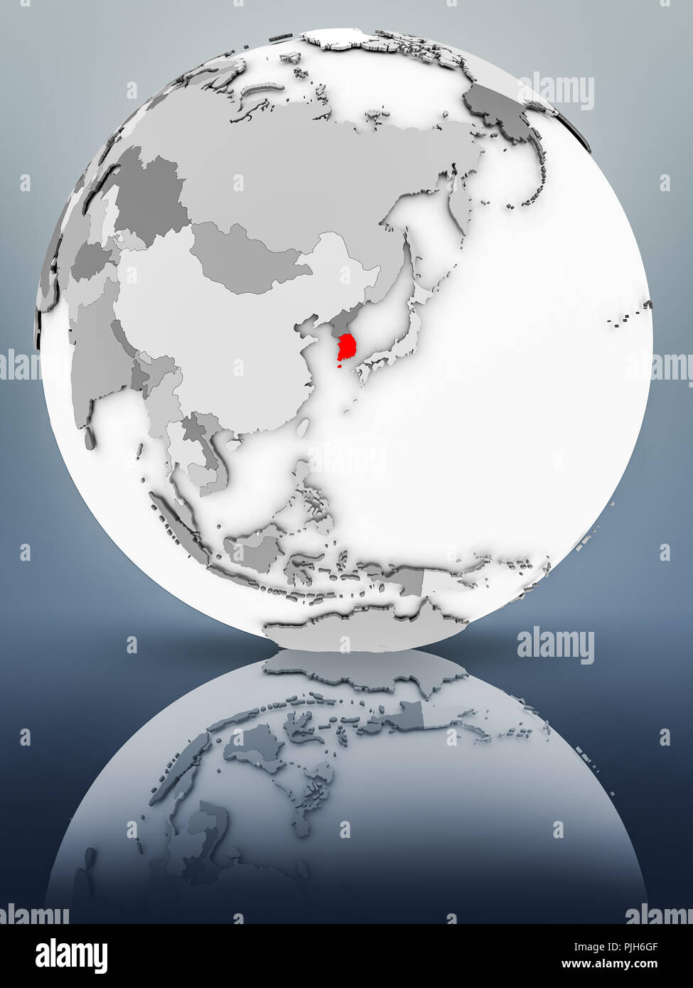 South Korea on simple gray globe on shiny surface. 3D illustration ...