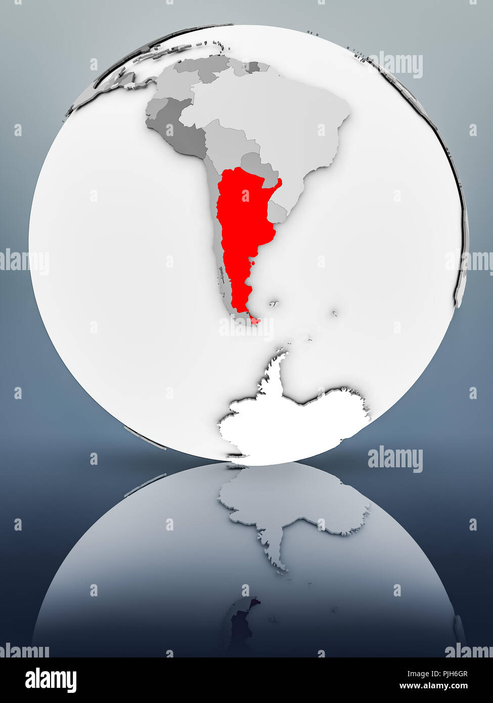 Argentina on simple gray globe on shiny surface. 3D illustration Stock ...