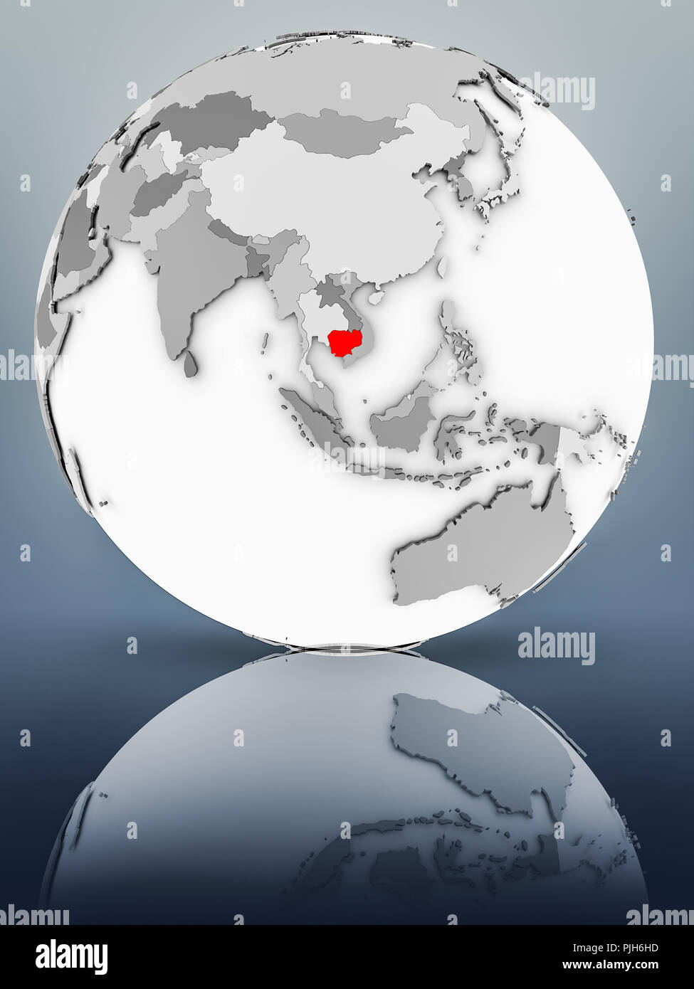 Cambodia on simple gray globe on shiny surface. 3D illustration Stock ...