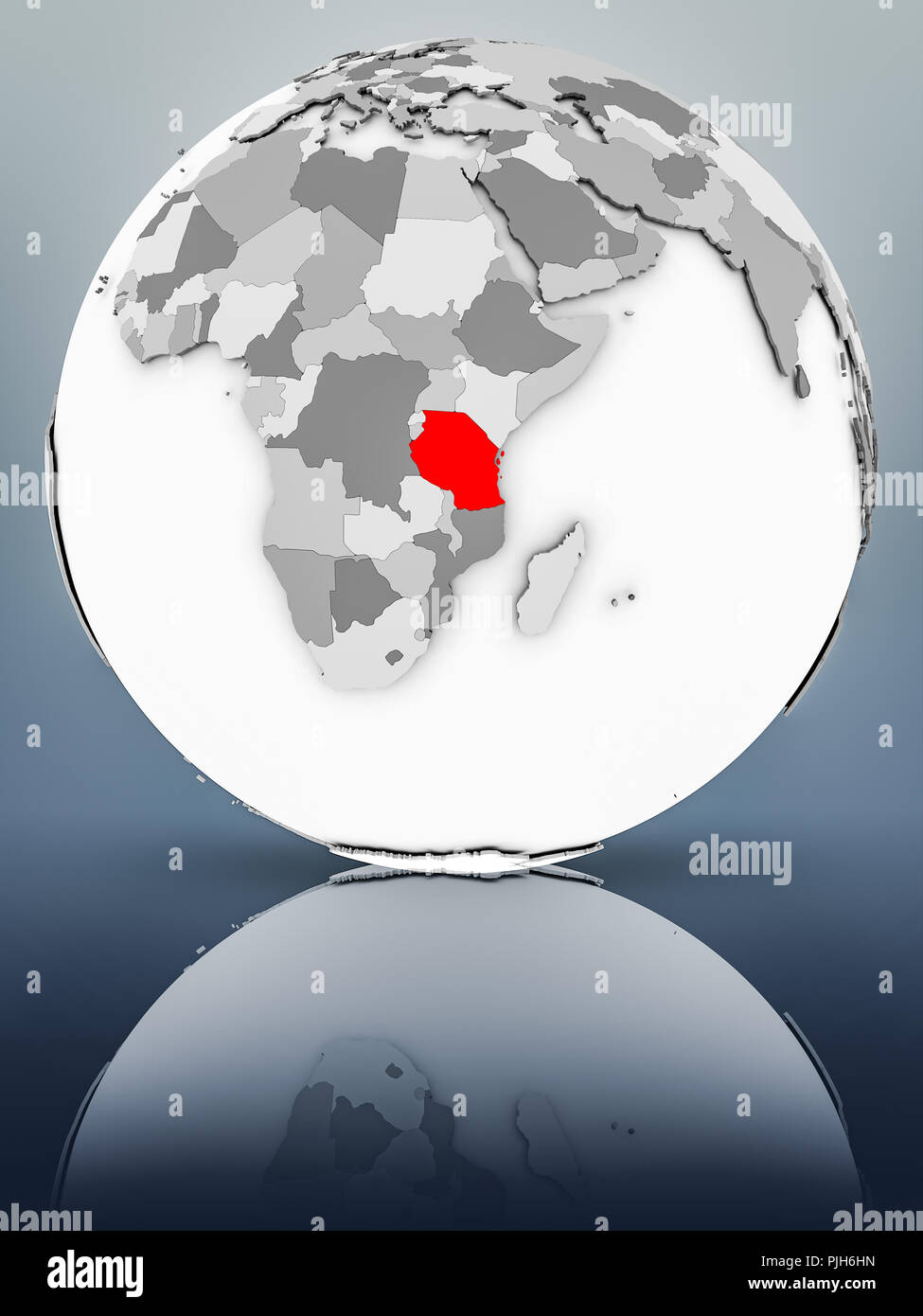 Tanzania on simple gray globe on shiny surface. 3D illustration Stock ...