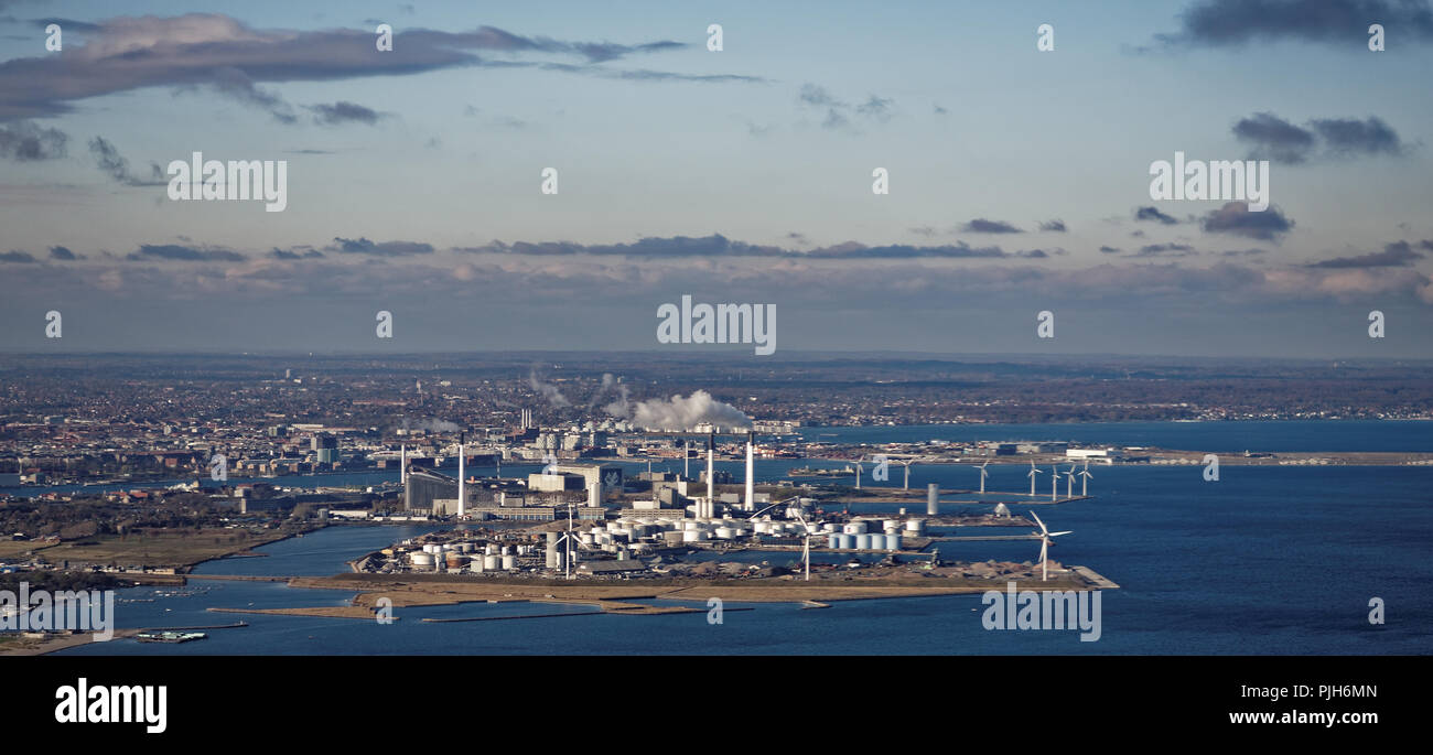 Aerial view to industrial district of Copenhagen, Denmark from Oresund ...