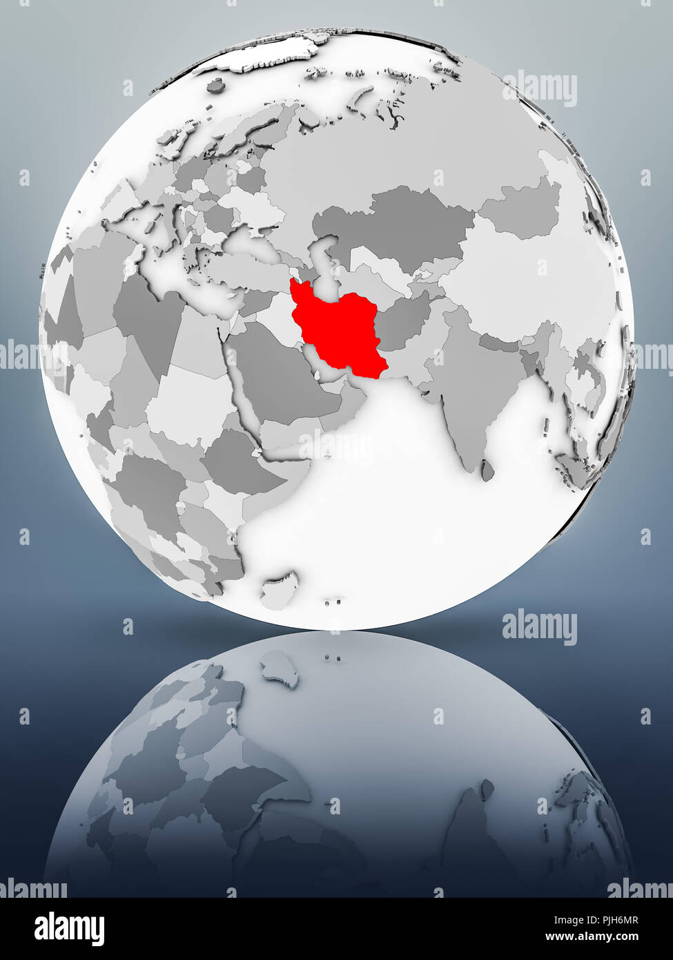Iran on simple gray globe on shiny surface. 3D illustration Stock Photo ...