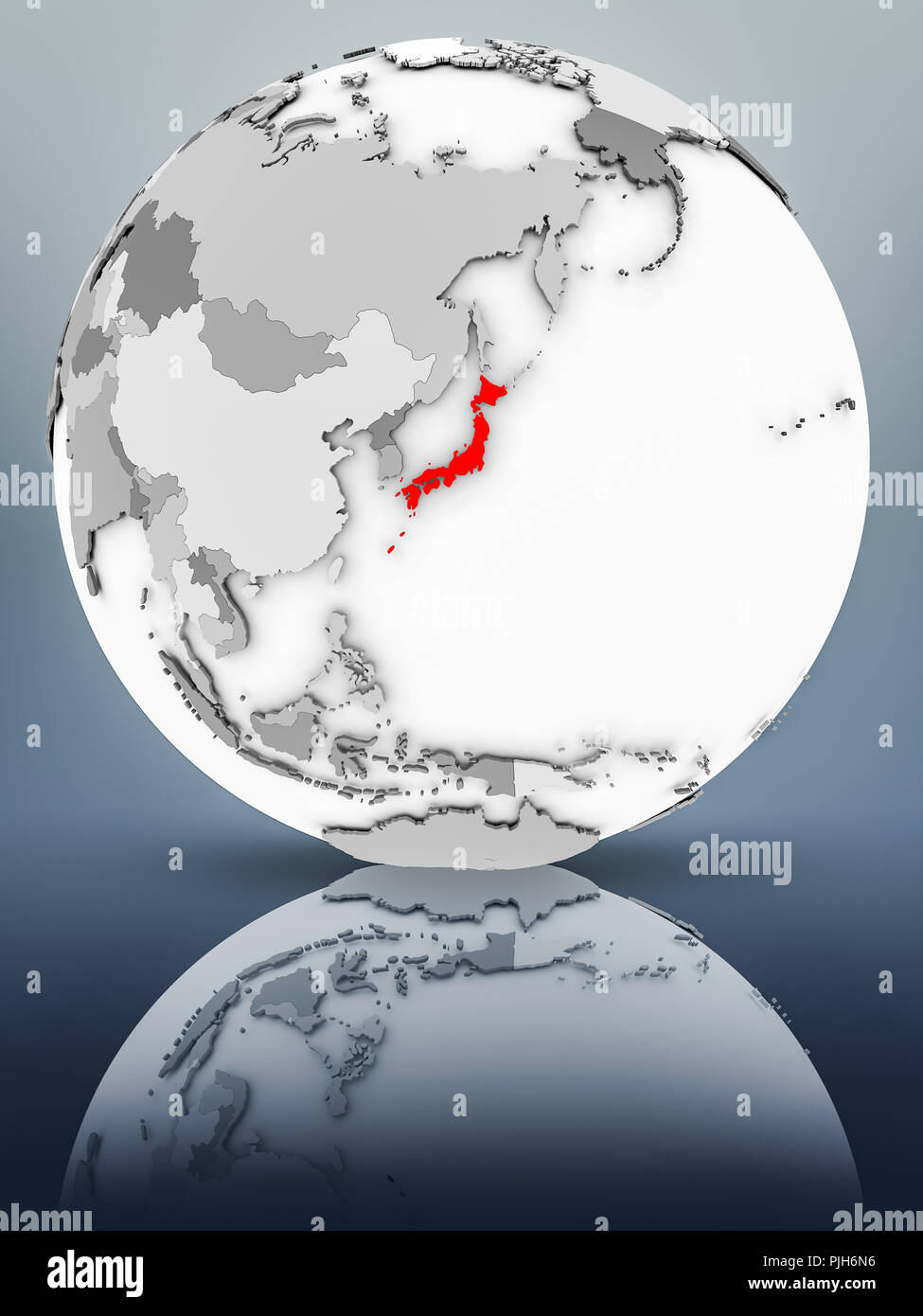 Japan on simple gray globe on shiny surface. 3D illustration Stock ...