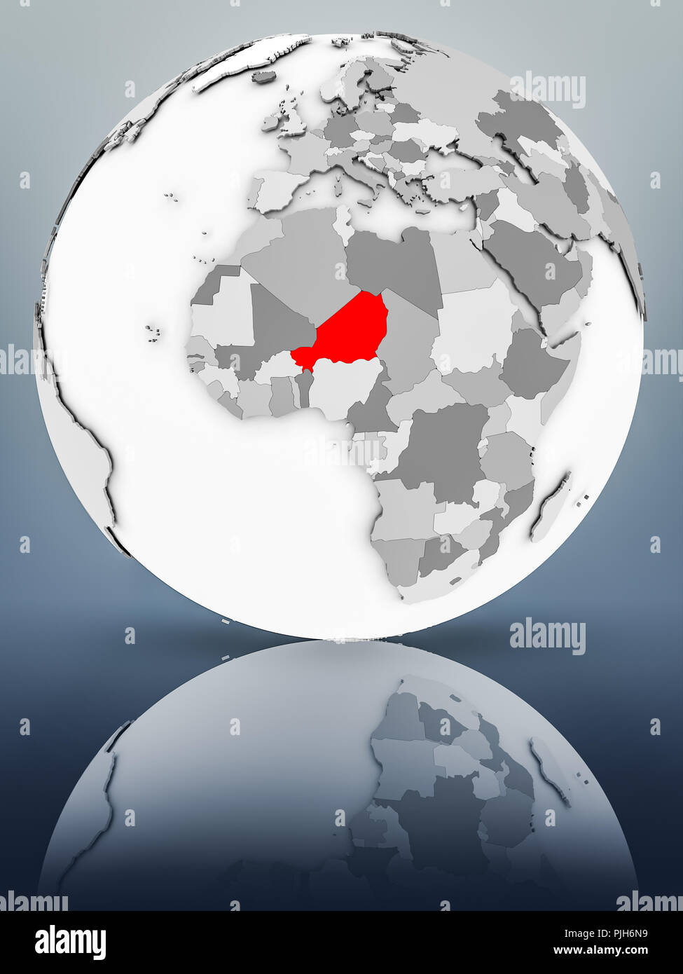 Niger on simple gray globe on shiny surface. 3D illustration Stock ...