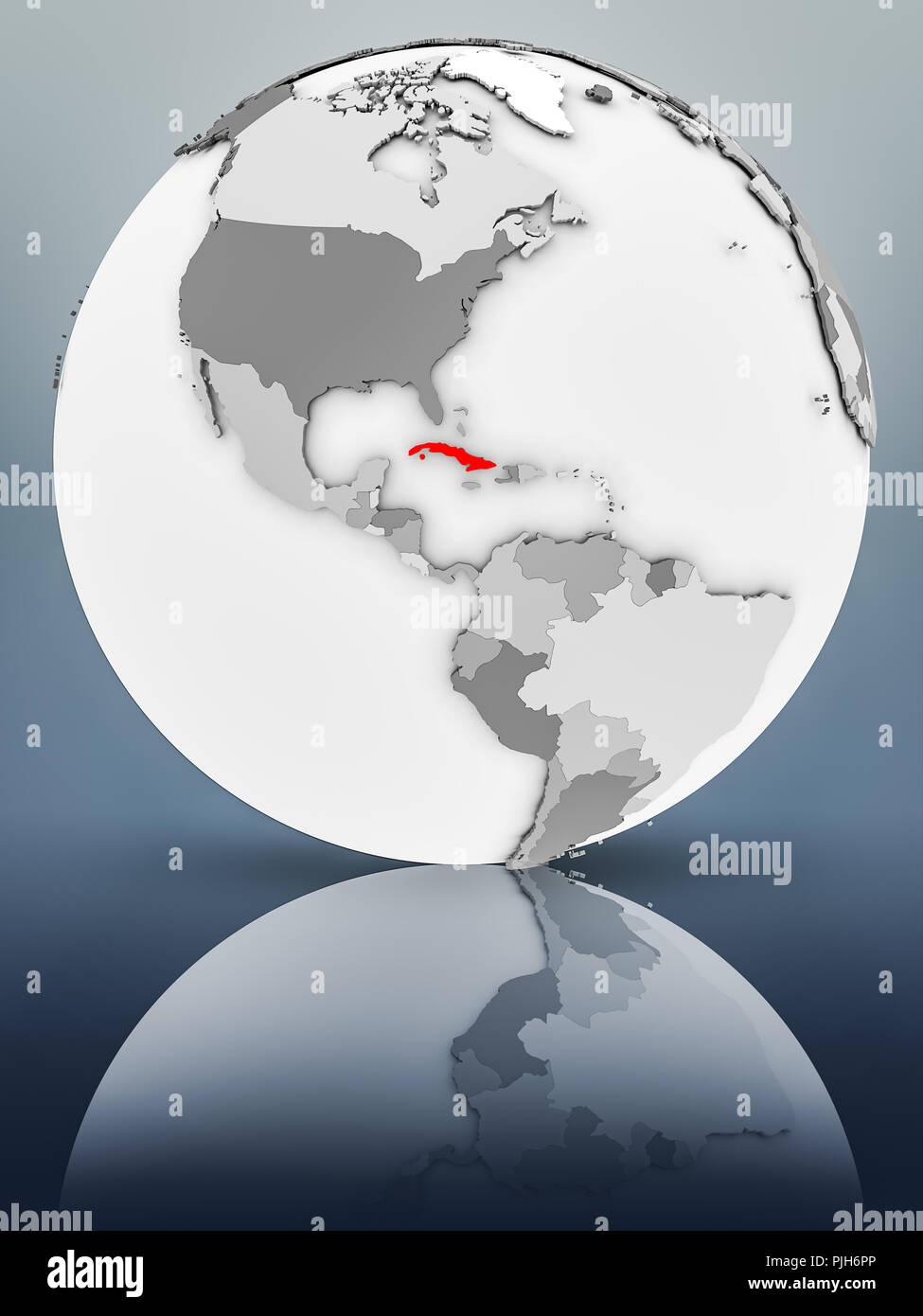 Cuba on simple gray globe on shiny surface. 3D illustration Stock Photo ...