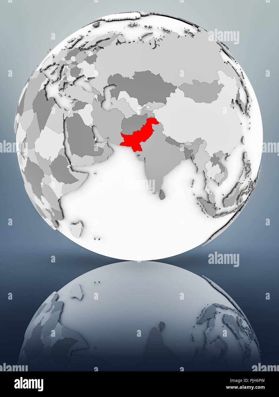 Pakistan on simple gray globe on shiny surface. 3D illustration Stock ...