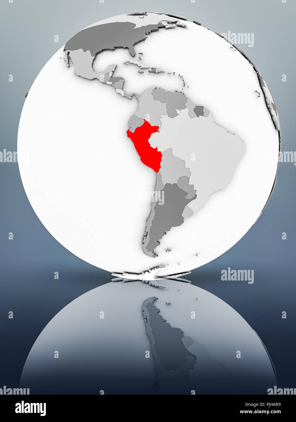 Peru on simple gray globe on shiny surface. 3D illustration Stock Photo ...