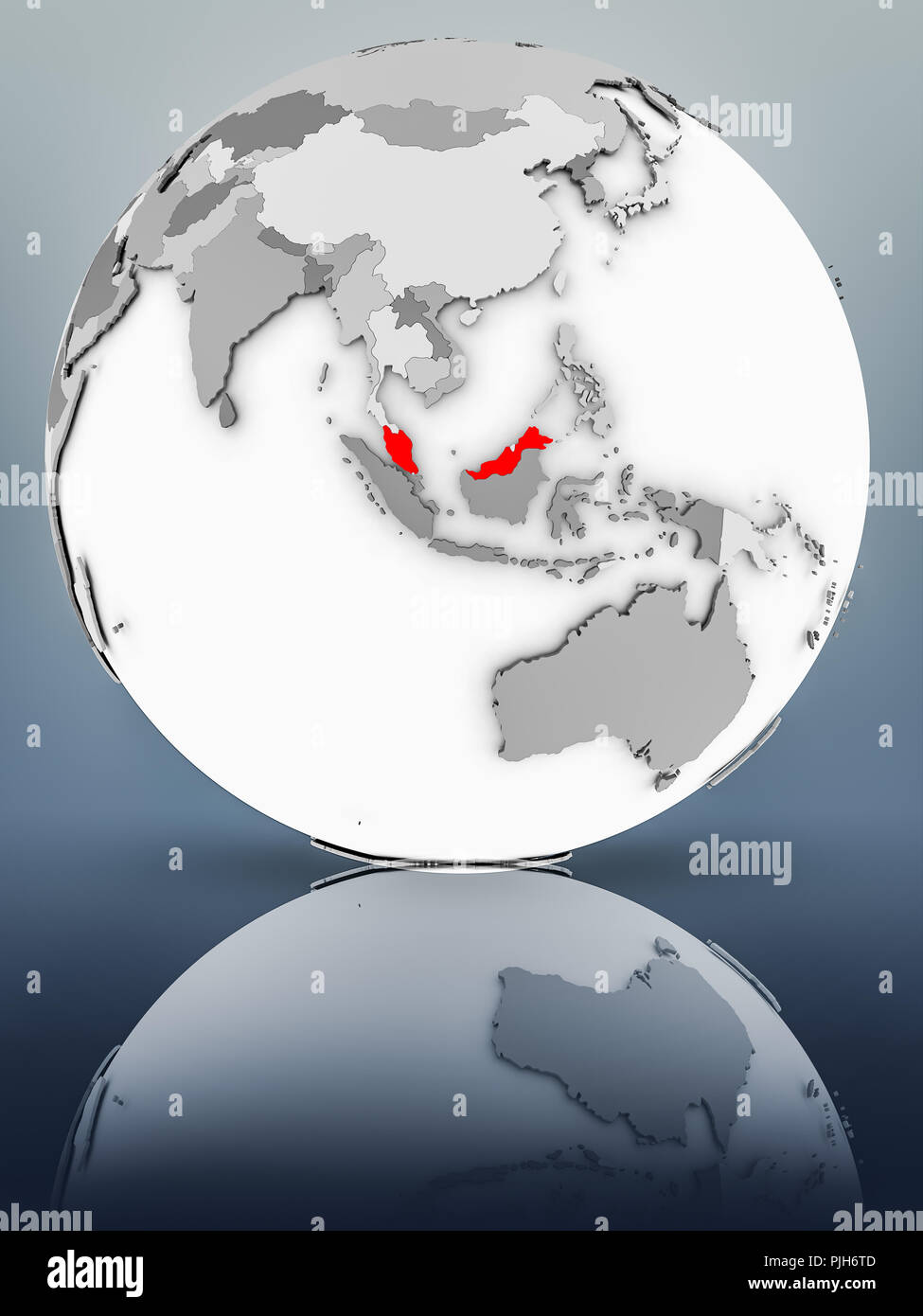 Malaysia on simple gray globe on shiny surface. 3D illustration Stock ...