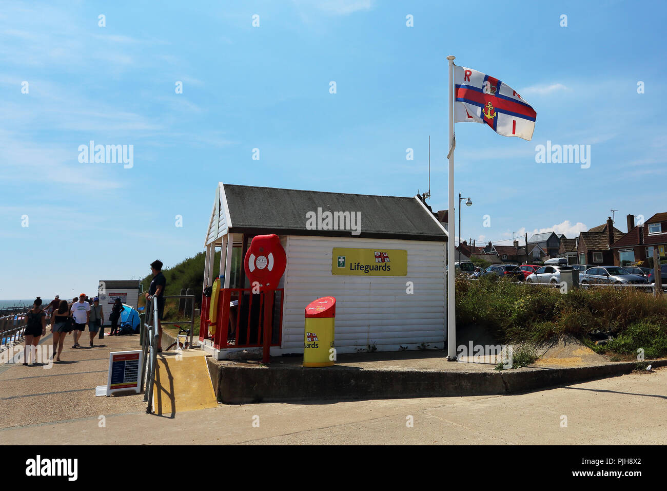 An RNLI lifeguards base in a beach hut on the promenade in Southwold ...