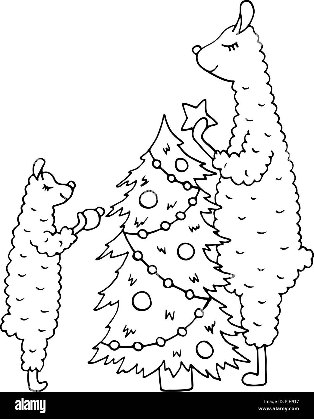 Hand-drawn monochrome poster with a lama family decorate the Christmas ...