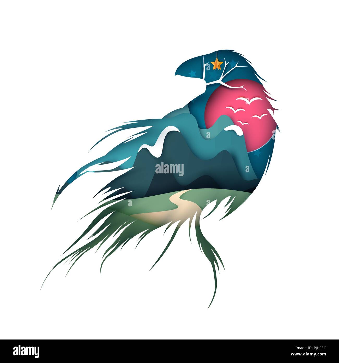 Cartoon paper landscape. Raven, crow illustration Stock Vector Image ...
