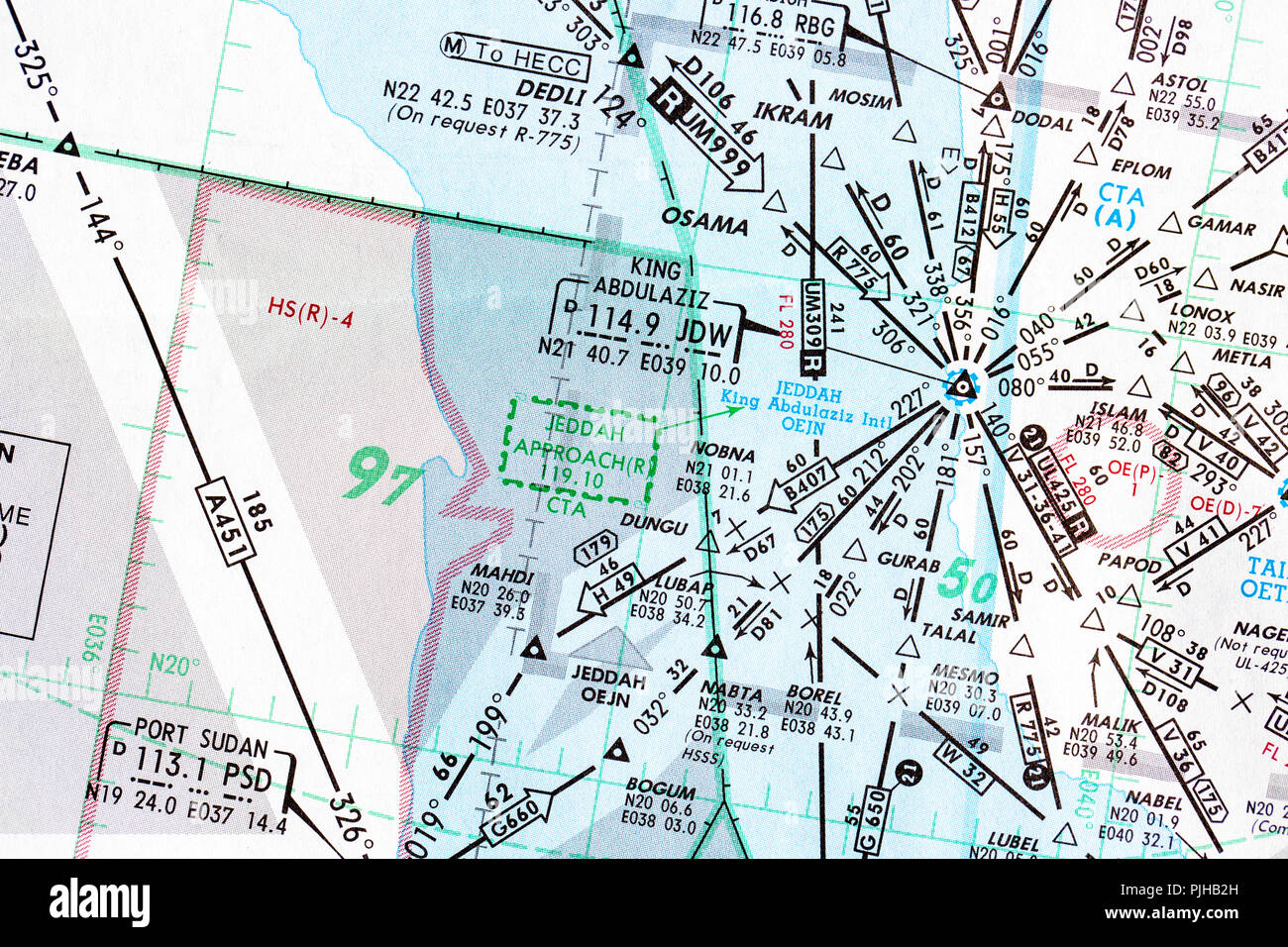 Detail of a commercial aviation pilot's flight map of the Middle East ...