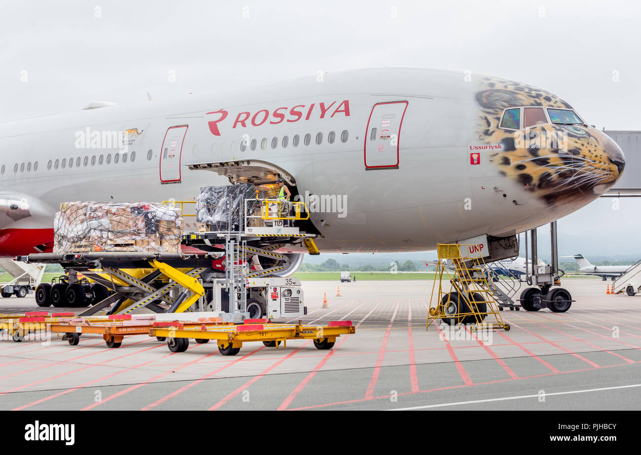 Russia, Vladivostok, 08/10/2018. Passenger airplane Boeing 777-300 of ...