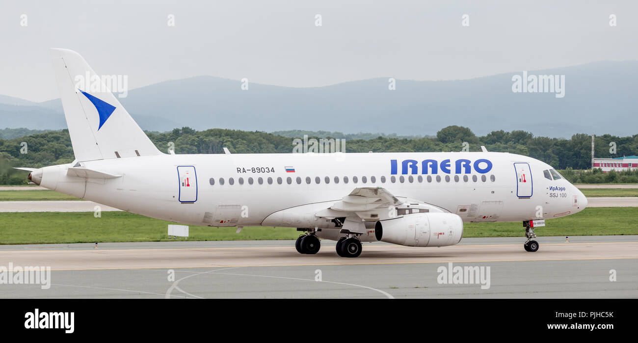 Russia, Vladivostok, 08/10/2018. Passenger airplane SSJ 100 (Sukhoi ...
