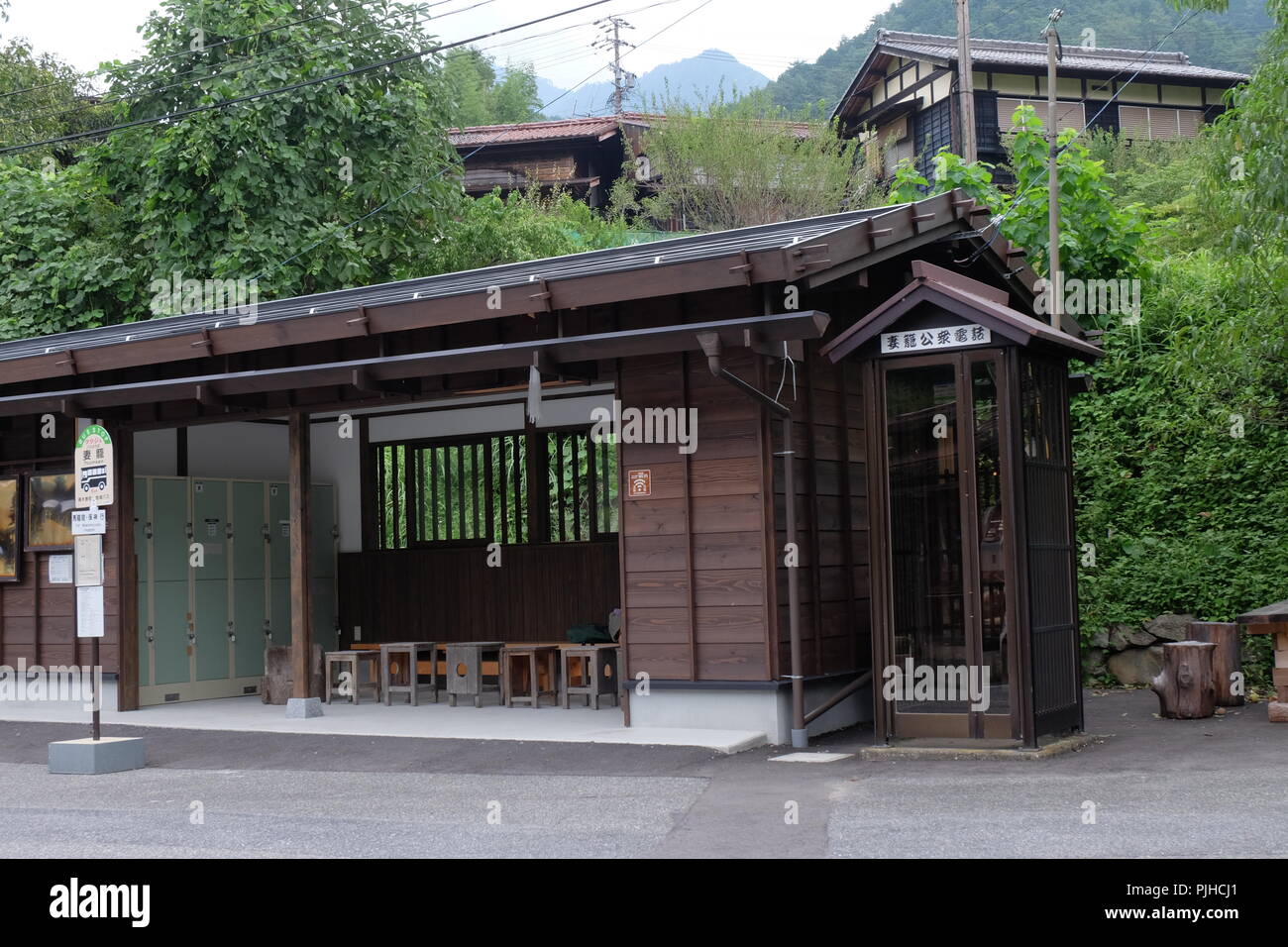 Local bus stop at Tsumago, an old traditional town scape preserved ...