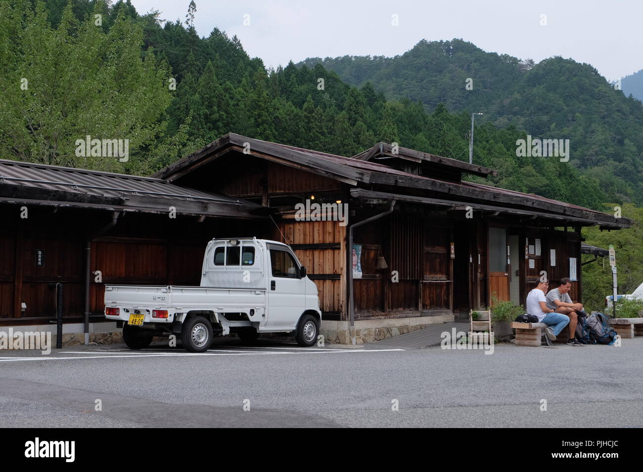 A local bus stop at Tsumago, an old traditional town scape preserved ...