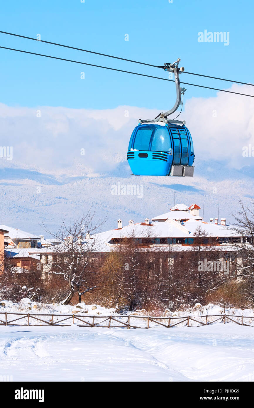 Ski resort Bansko, Bulgaria panorama with cable car ski lift cabin ...