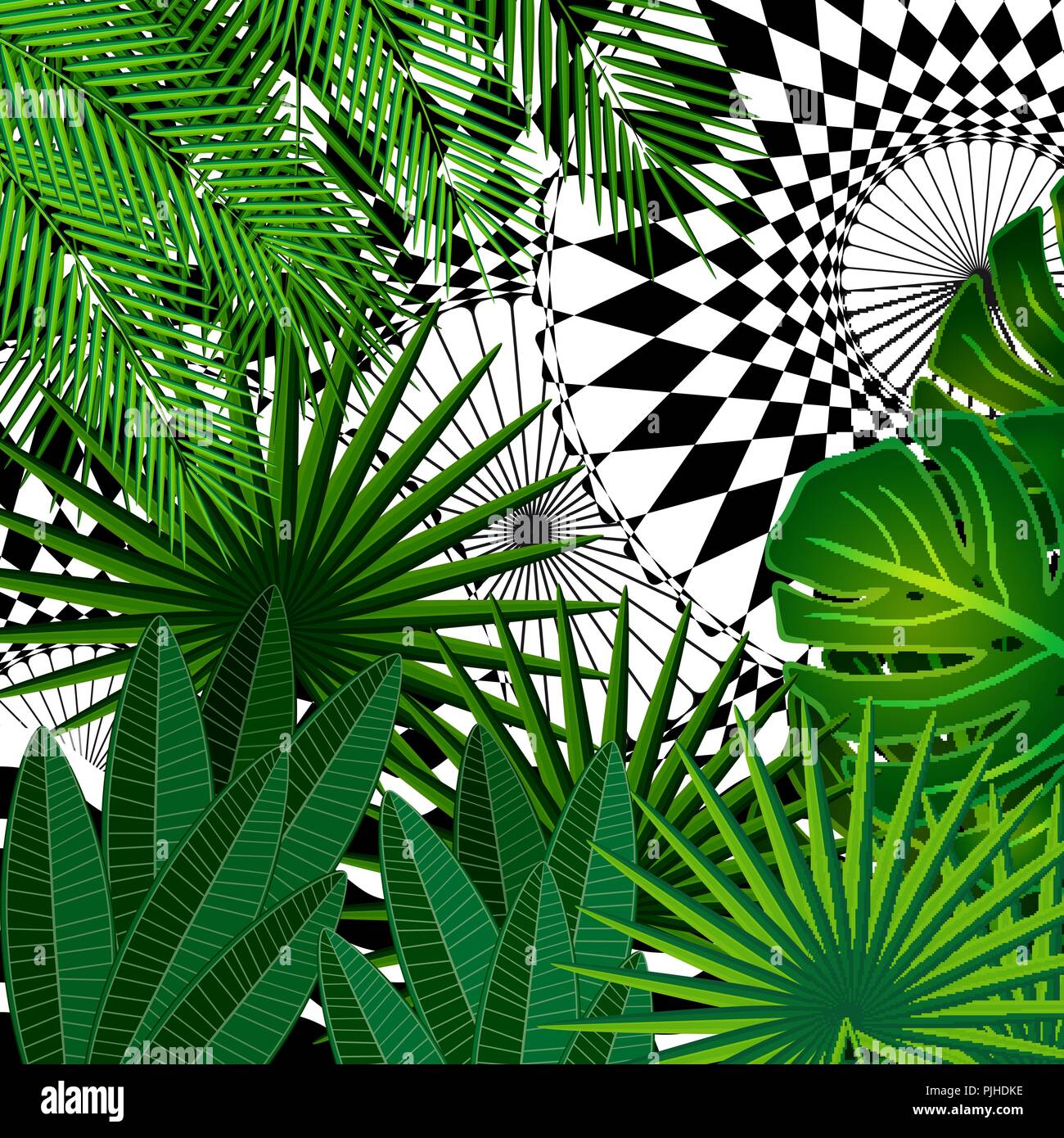 Tropical leaves background with geometric elements, vector floral ...