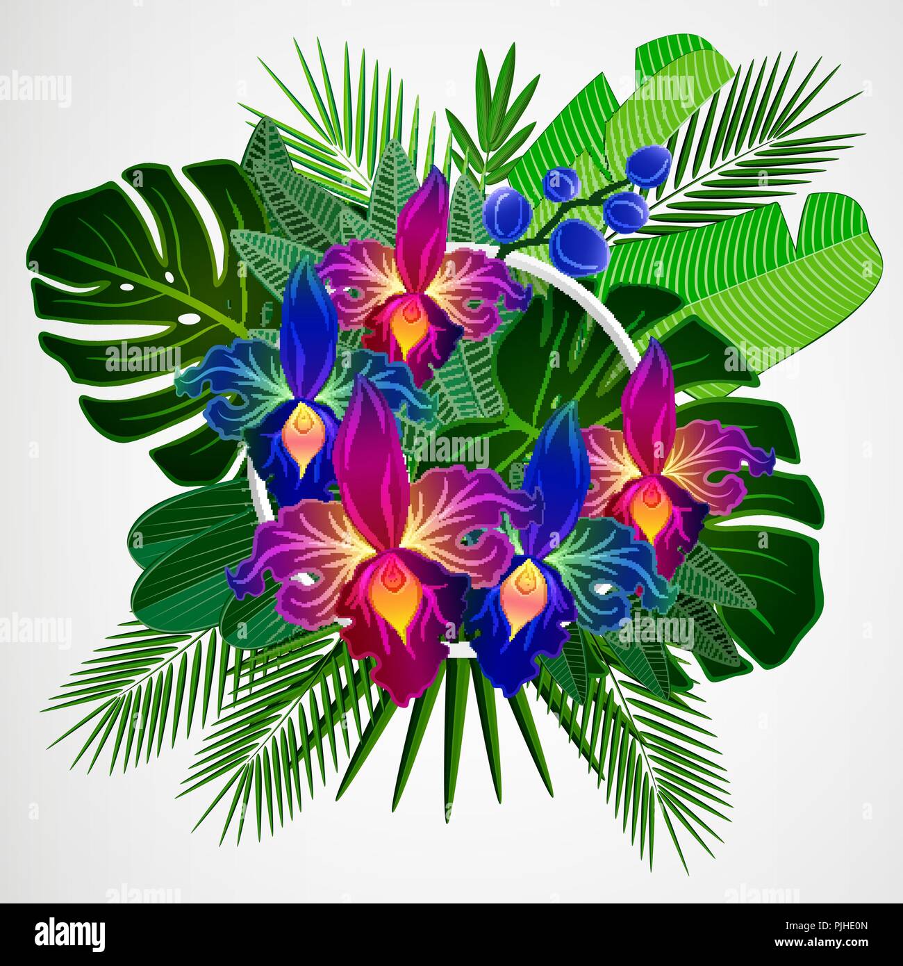 Tropical leaves with yellow orchid flowers and white frame on isolate ...