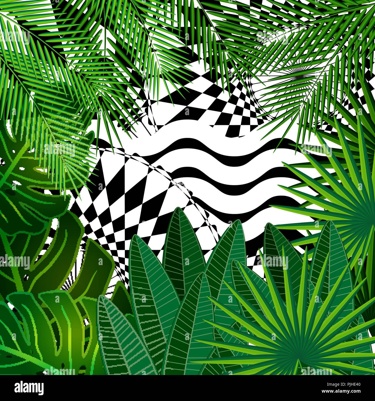 Tropical leaves background with geometric elements, vector floral ...