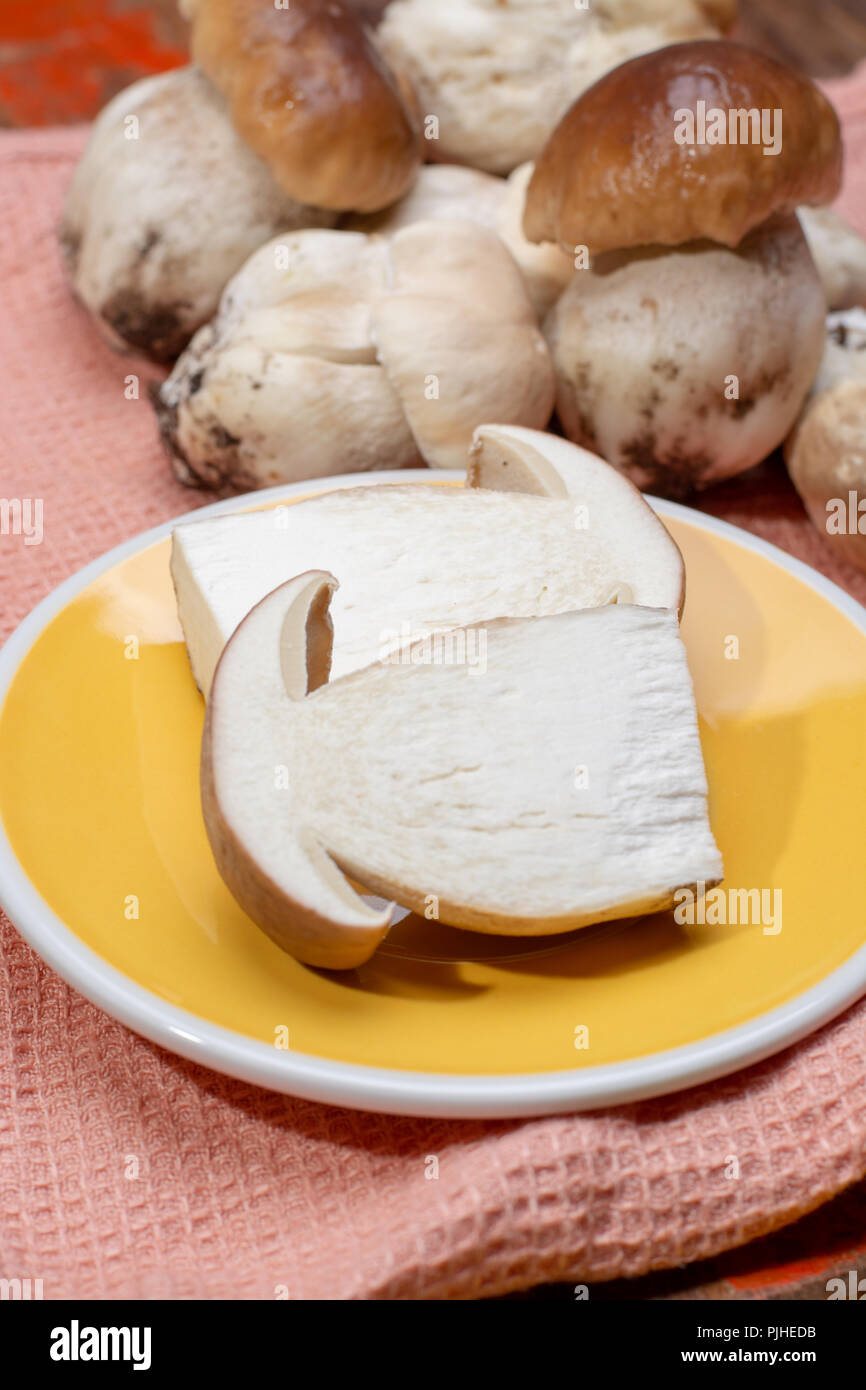 Fresh raw whole white boletus tasty edible mushrooms close up ready to ...