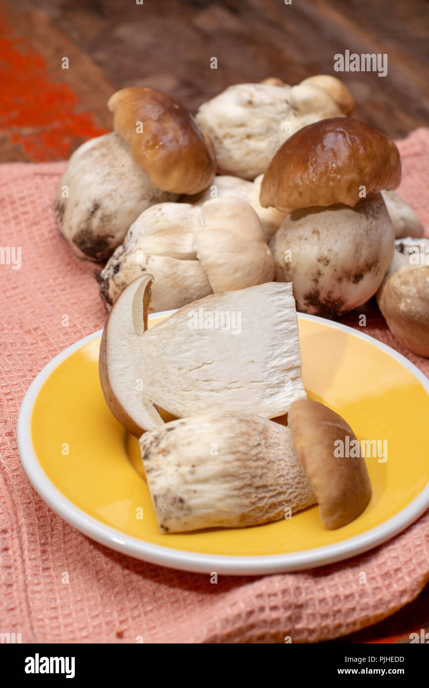 Fresh raw whole white boletus tasty edible mushrooms close up ready to ...