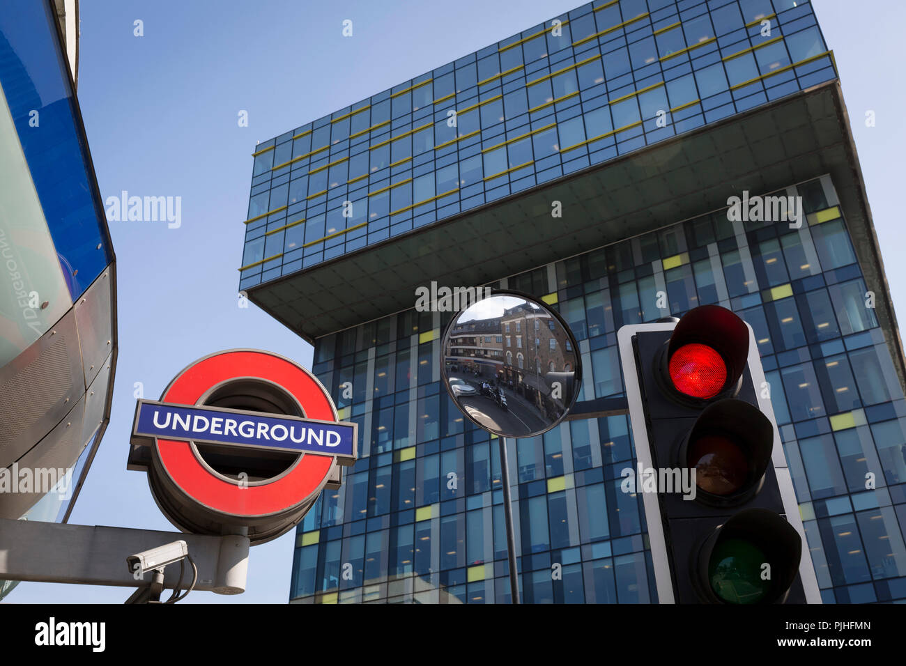 The London Underground (subway) logo at Southwark Station and the ...
