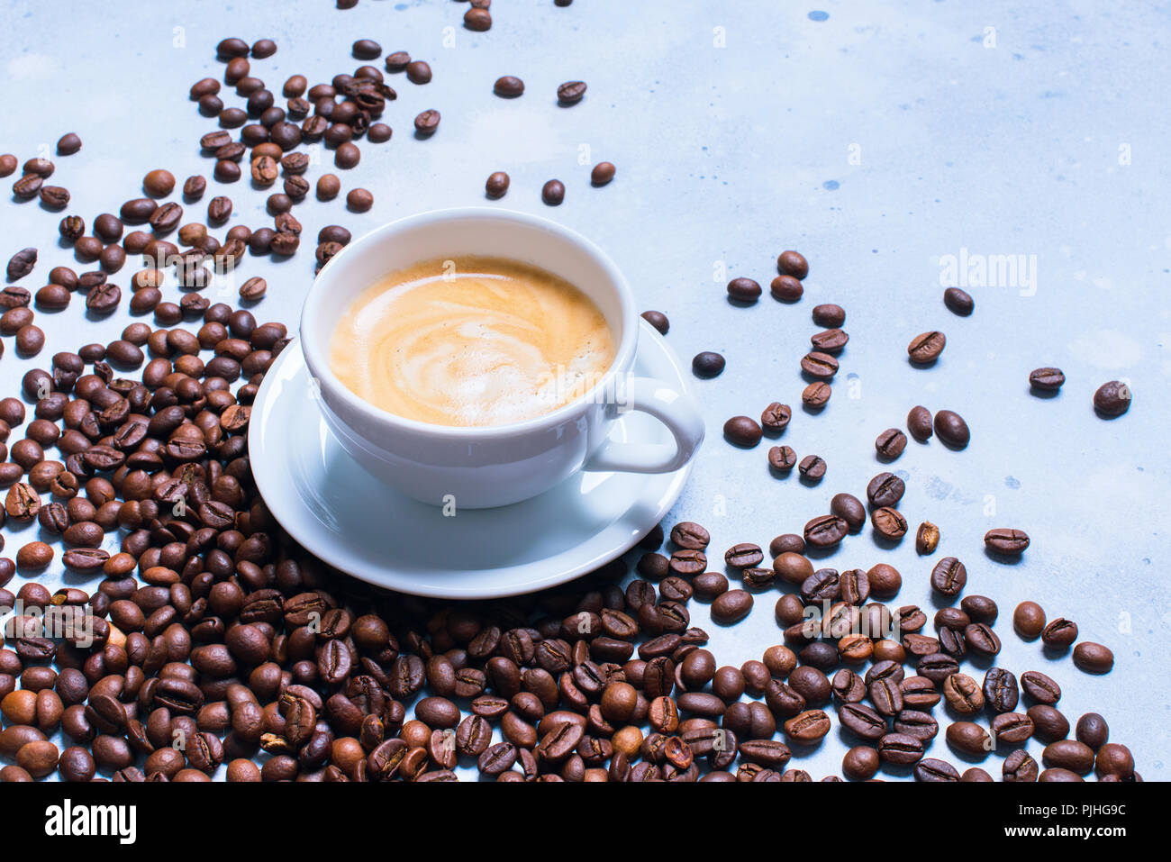 White Cup Fresh Coffee Scattered Grains Unhealthy Food Blue Background ...