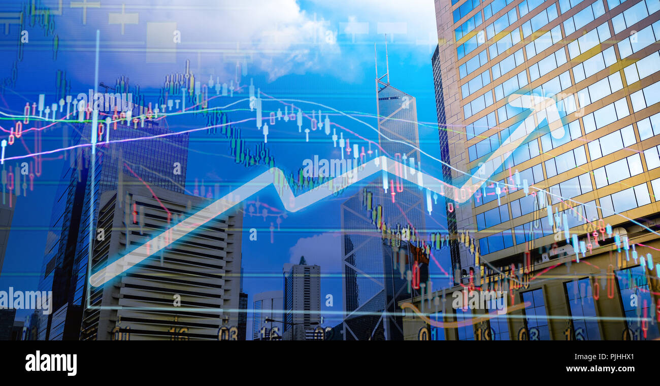Hong Kong Office buildings with graph index of stock Market Stock Photo ...
