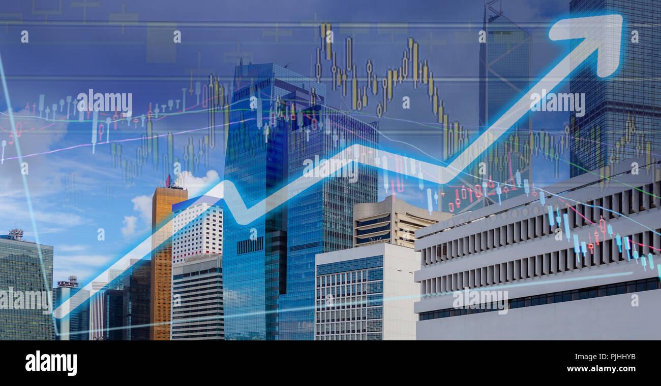 Hong Kong Office buildings with graph index of stock Market Stock Photo ...