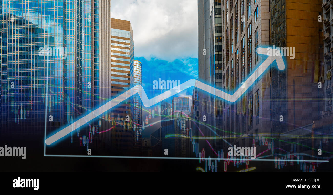 Hong Kong Office buildings with graph index of stock Market Stock Photo ...