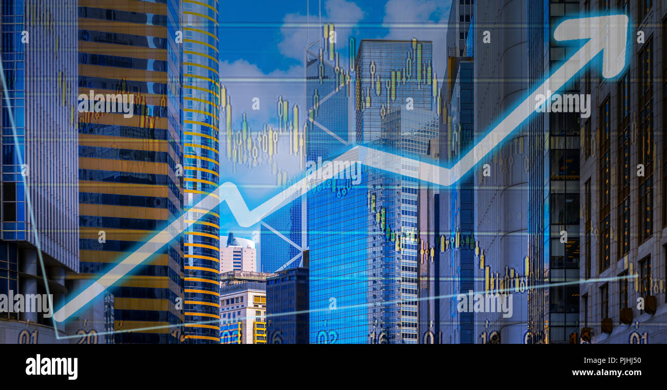Hong Kong Office buildings with graph index of stock Market Stock Photo ...