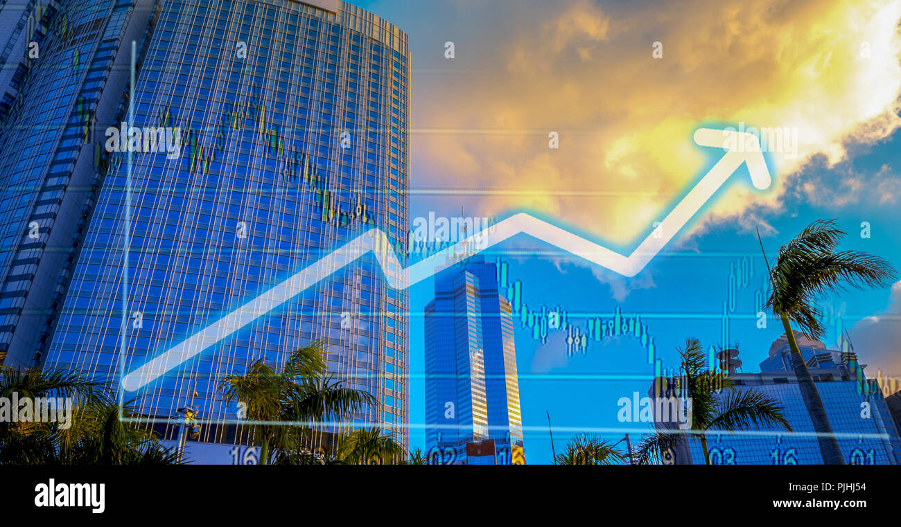 Hong Kong Office buildings with graph index of stock Market Stock Photo ...