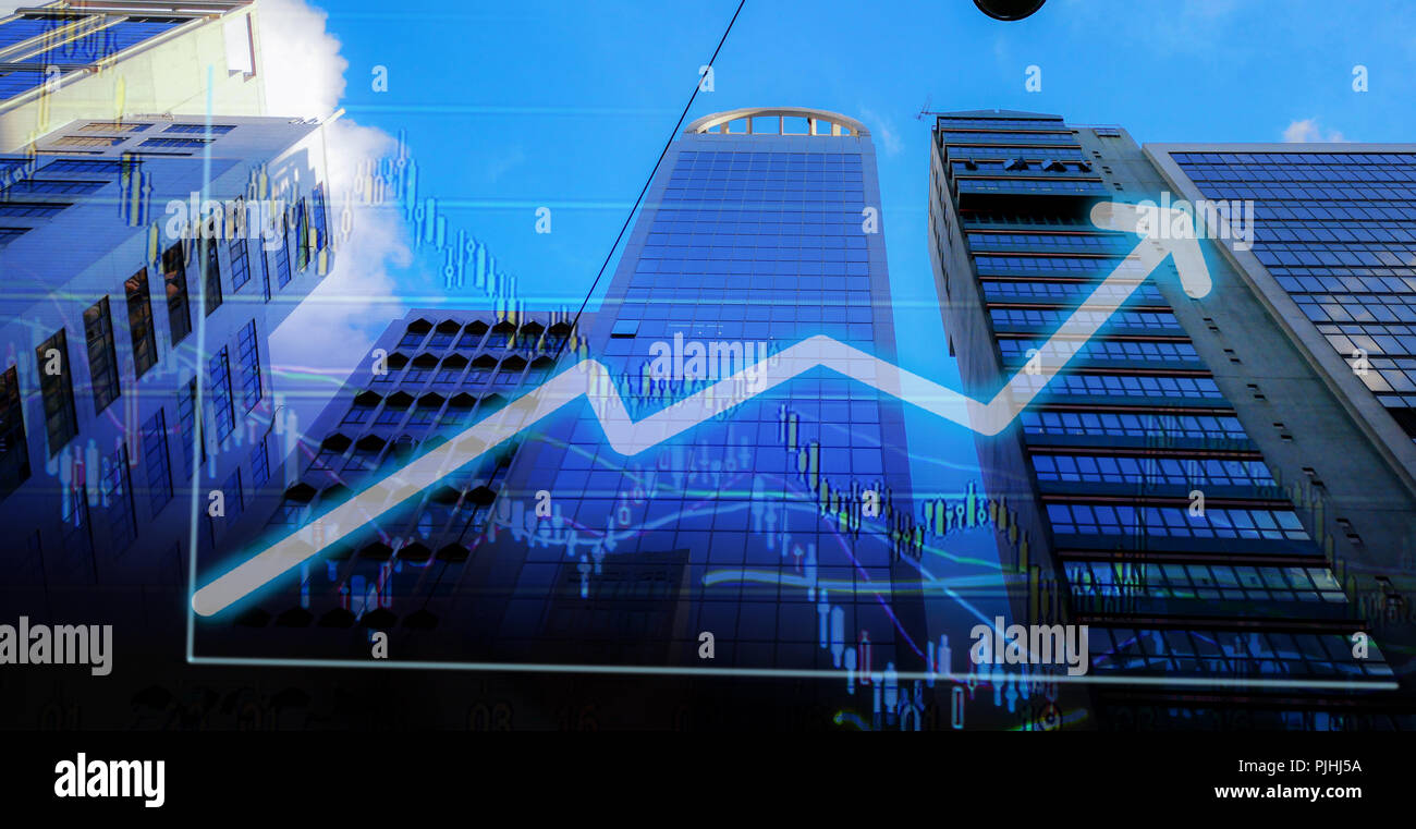 Hong Kong Office buildings with graph index of stock Market Stock Photo ...