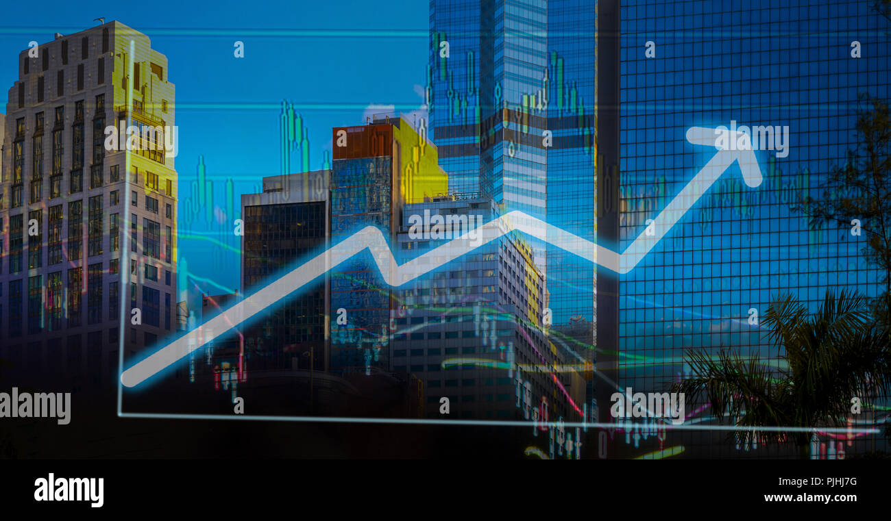 Hong Kong Office buildings with graph index of stock Market Stock Photo ...