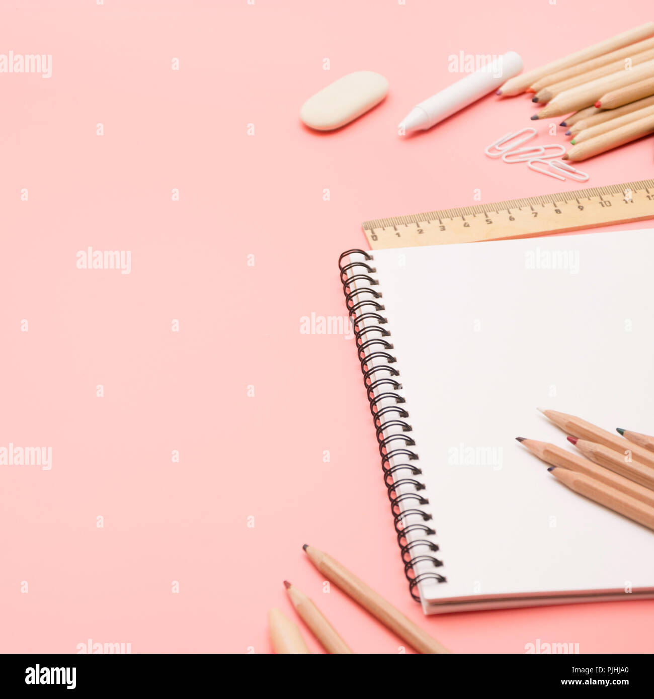 Colorful school supplies on pastel pink background. Top view, flat lay ...