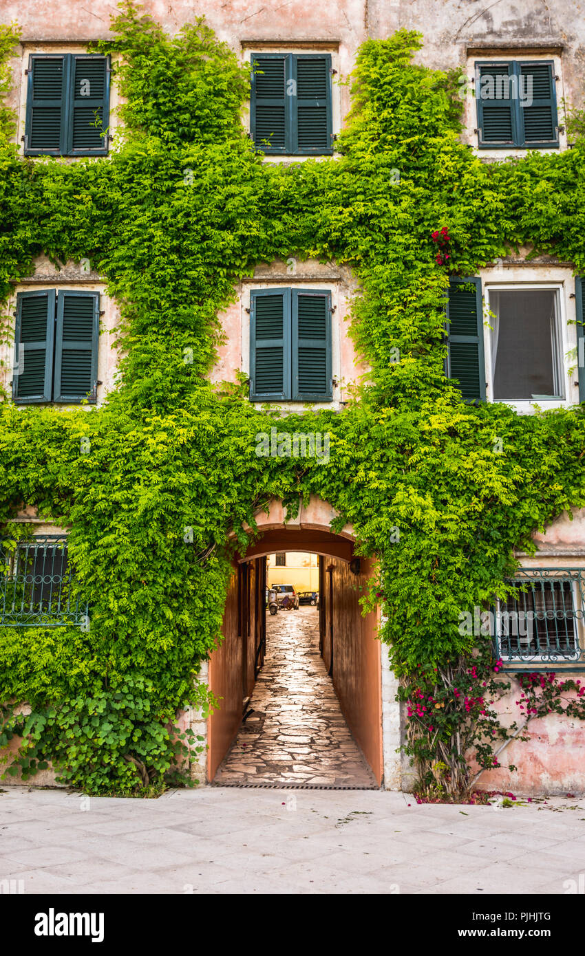 CORFU, GREECE- JUNE 07 2018: Beautiful old buildings in Corfu old town ...