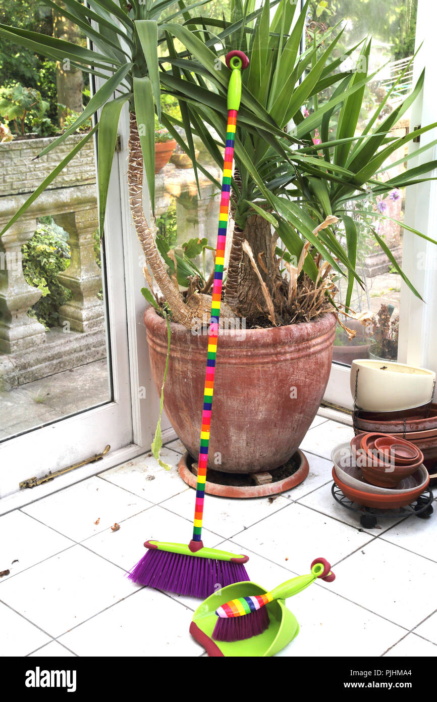 Matching Set of Colourful Dustpan and Brush with Broom in Conservatory ...