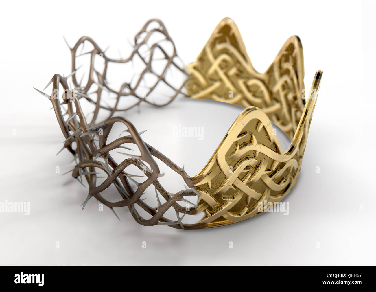A religious crucifixion concept of a split between a golden crown and a ...